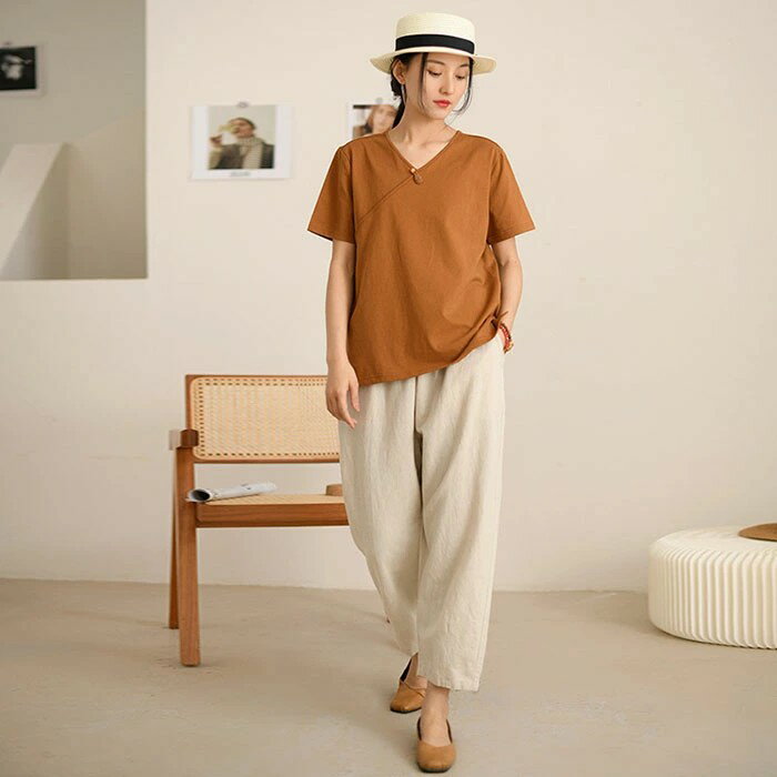 ▲商品内容：tシャツ ▲素材：綿麻 ▲サイズ： 【M】：身丈 62cm、バスト 100cm、肩幅 38cm、袖丈 19cm 【L】：身丈 64cm、バスト 104cm、肩幅 39cm、袖丈 20cm 【XL】：身丈 66cm、バスト 108...