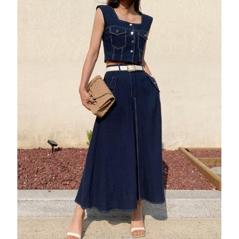 　　　 ◆◇◆売れている秘密◆◇◆ 【大人可愛いデニムセットアップ】トレンド感溢れるショート丈ベストとロングスカートの上下セットです。深みのあるインディゴブルーに映えるホワイトステッチがアクセントになり、洗練された都会的な印象を与えます。こ...