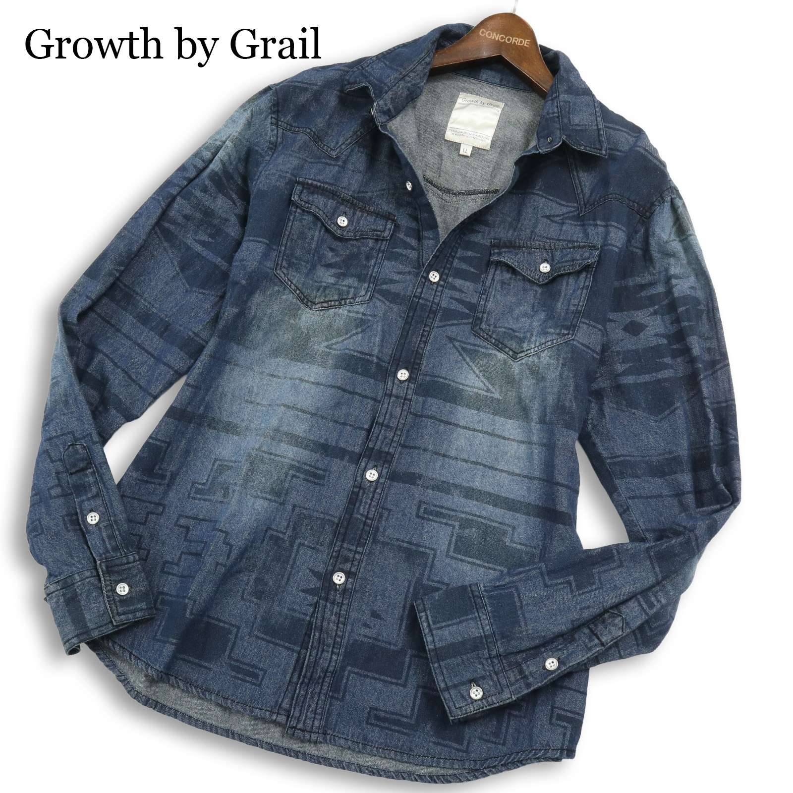 Growth by Grail グロースバイグレイル 通年★ 長袖 ネイティブ柄 USED加工 デニム ウエスタン シャツ Sz.LL メンズ ブランド Growth by Grail サイズ・実寸 [サイズ表記] LL 【実寸】 肩幅： ...