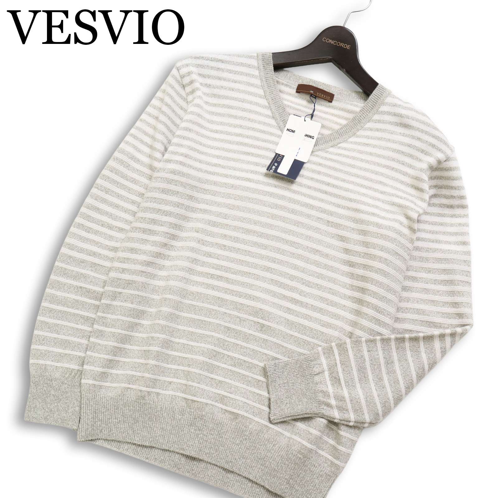 新品 未使用★VESVIO @McG ベスビオ マクレガー 春夏 麻 リネン混 ボーダー Vネック サマー セーター ニット Sz.M メンズ 灰 ブランド VESVIO サイズ・実寸 [サイズ表記] M 【実寸】 肩幅： 約42.0 cm...