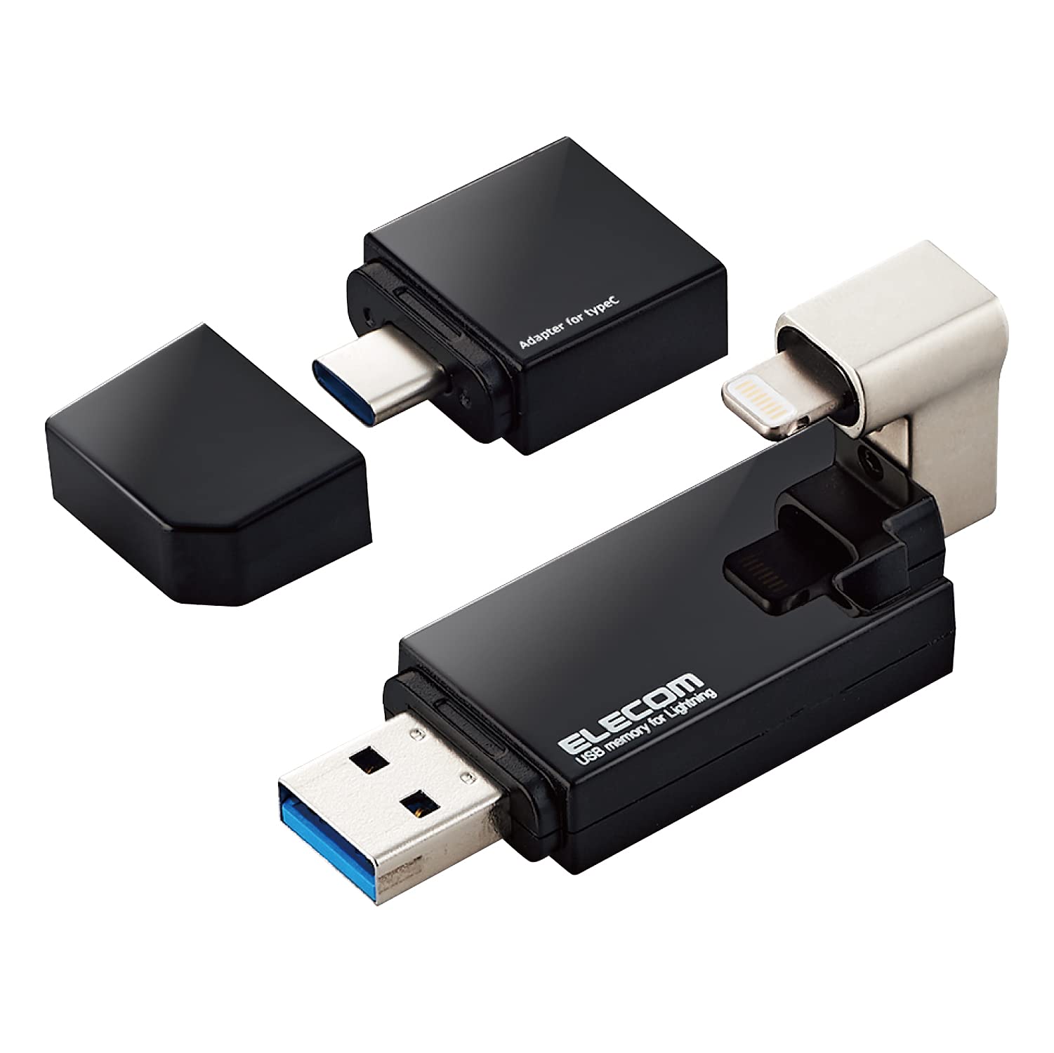 USB-AコネクタとLightningコネクタに加え、USB Type-C(TM)変換アダプタがついた、様々な端末でマルチに使えるUSBメモリです。 スマートフォン、タブレット、パソコンから連絡先(電話帳)データや、写真、動画などを転送可能...