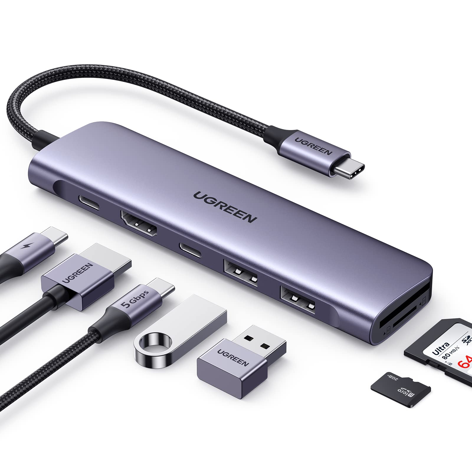 UGREEN 7-in-1USB C ハブ5 Gbps多機能USB Cハブは7つのポートを一つにまとめて拡張性がかなり上がり、ポート不足の悩みを解決し、USBポートや映像出力を手軽に増やしたい方々に最適です。（PD 100W 急速充電ポート...