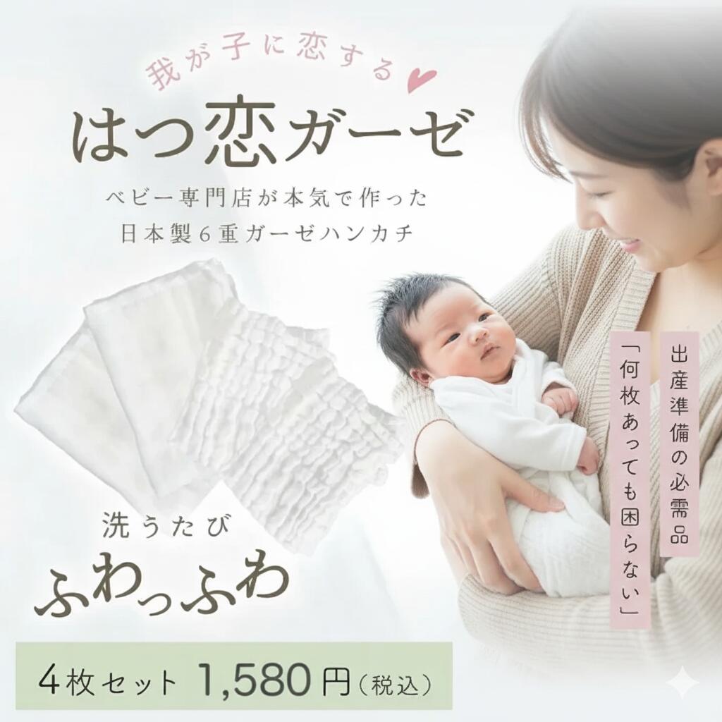 はつ恋ガーゼ　日本製6重ガーゼハンカチ 4枚セット 1枚あたり395円（税込） ベビー用専門店が本気で作った、洗うたびふわふわ♪初恋ガーゼ プチギフトやちょっとしたお礼にもとってもオススメです★ ◎出産準備の必需品！何枚あっても困らないシン...
