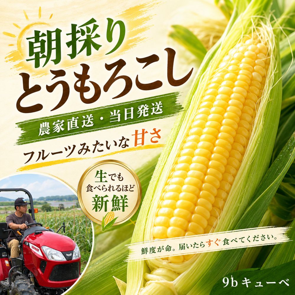 ★「朝とり。レンチンだけ。それだけで、最高においしい。」 ★「フルーツより甘い、とうもろこしがある。」 ★「農家が育てた、鮮度が命のとうもろこし。届いたらすぐ食べてください。」 9bキューベのとうもろこし（農家直送） 収穫した当日の朝に発送...