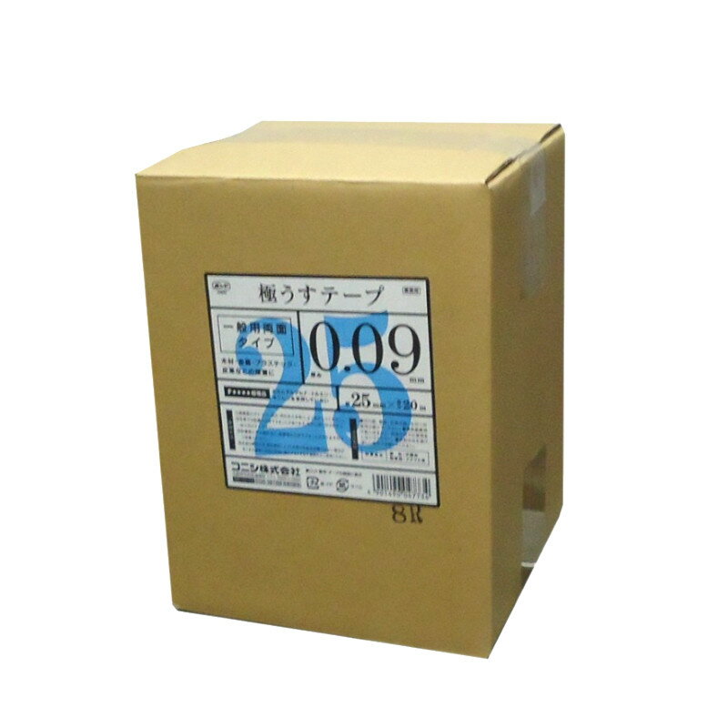 厚み0.09mmの超極うす両面テープです。 厚みが薄いので目立ちにくいです。 低VOCタイプであり環境対応しています。 手で切断可能です。 木材・金属・プラスチック・皮革などの固定に。 基材:不織布 粘着剤：アクリル樹脂系 メーカー：コニシ