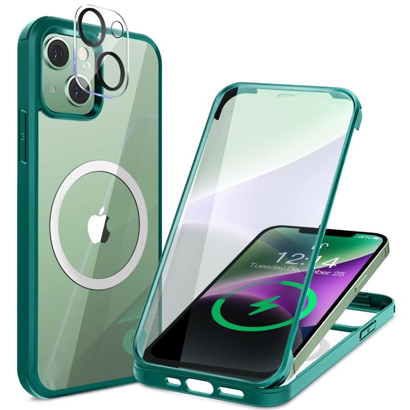 HAUTRKBG iPhone 用 ケース クリア 両面強化ガラス 全面保護【MagSafe対応】【カメラフイルムを贈】【100％画面感度】マグセーフ ワイヤレス充電対応 米軍MIL規格取得 耐衝撃 アイフォン 透明 マグ