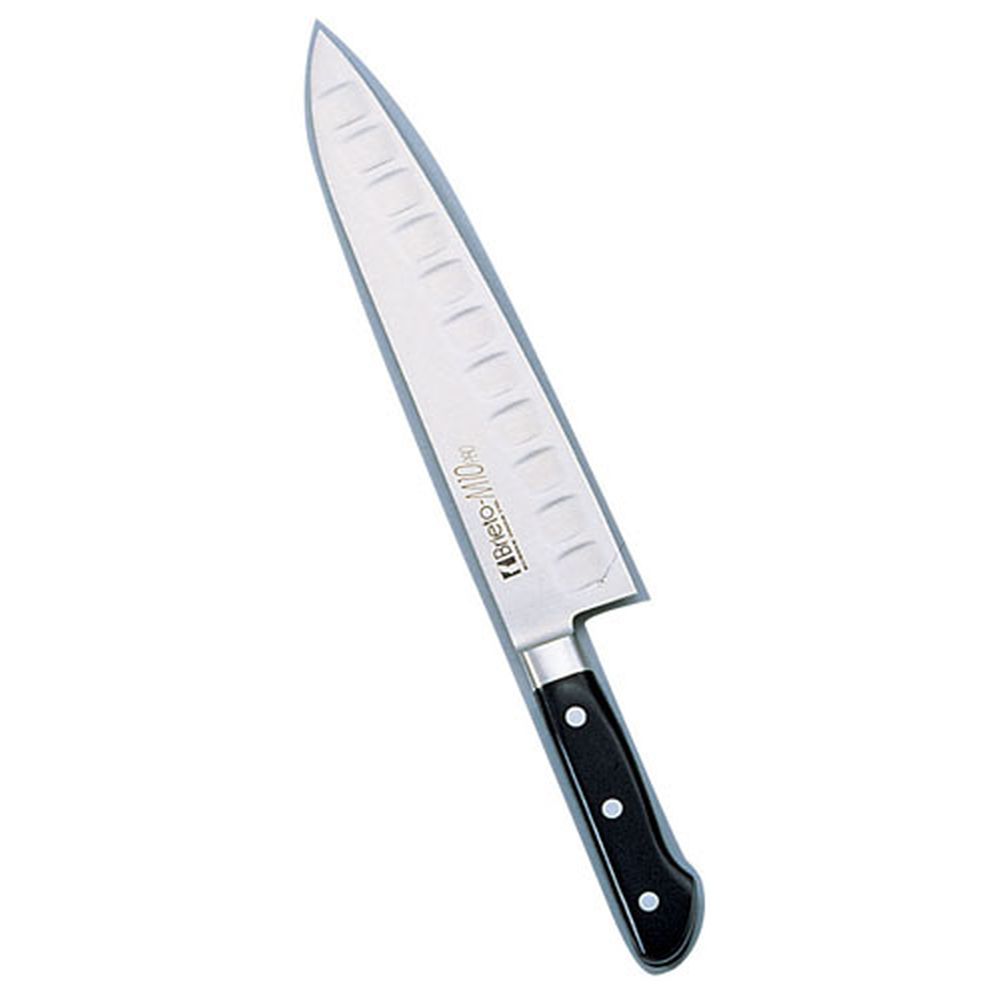 【ブライトM10プロ　牛刀　両刃　M1004　24cm】 ●サイズ：刃渡り240mm（全長370mm）/背厚2.2mm ●重量：210g ●材質（刃）：モリブデンバナジウム鋼 ●材質（ハンドル）：黒積層強化木 ■プロの理想の切れ味と使い易さ...