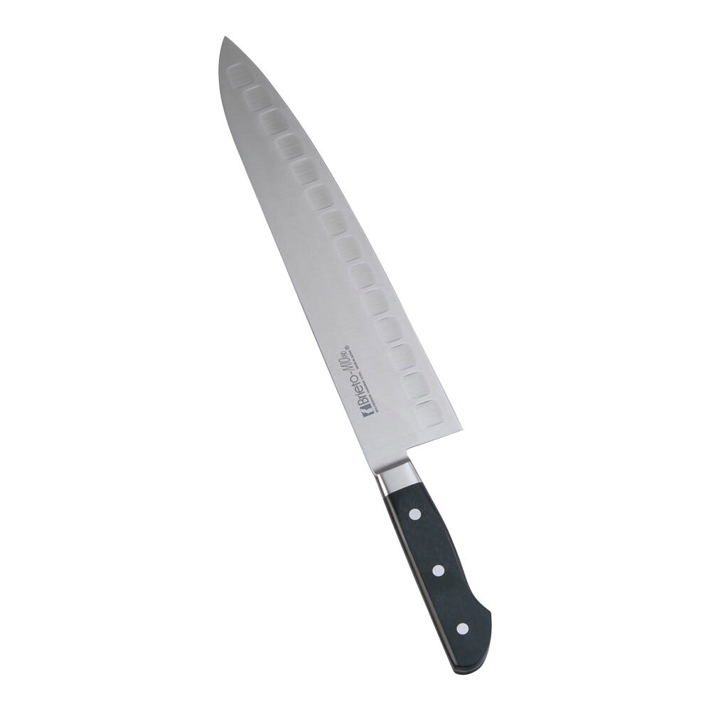 【ブライトM10プロ　牛刀　両刃　M1002　30cm】 ●サイズ：刃渡り300mm（全長433mm）/背厚2.5mm ●重量：280g ●材質（刃）：モリブデンバナジウム鋼 ●材質（ハンドル）：黒積層強化木 ■プロの理想の切れ味と使い易さ...