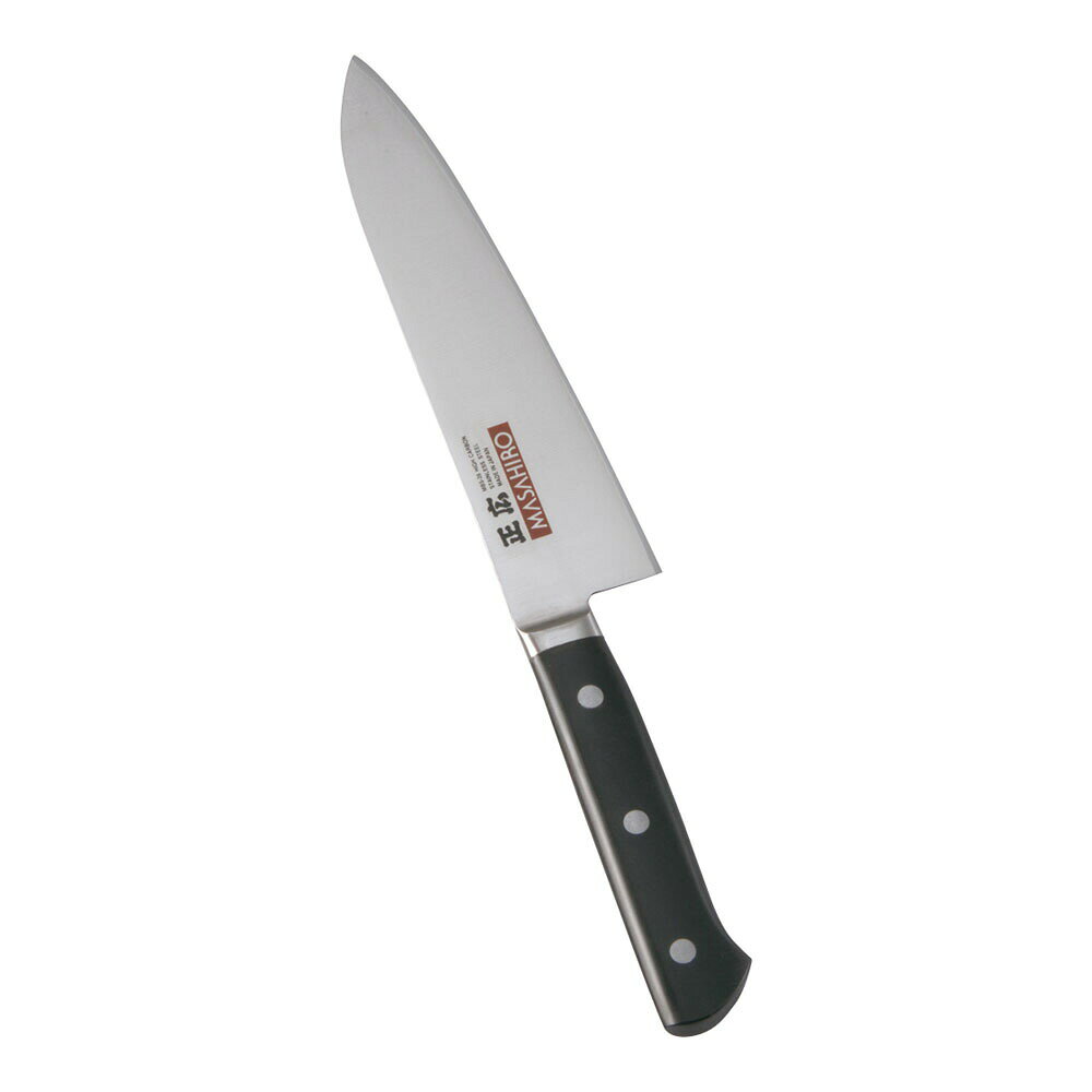 【正広　MV-H鋼　シェフナイフ　両刃　18cm　14910　プラ柄】 ●サイズ：刃渡り180mm/全長305mm　背厚2.0mm ●重量：138g ●材質（刃）：特殊ステンレス刃物鋼 ●材質（ハンドル）：アセタール・コポリマー樹脂（抗菌剤...