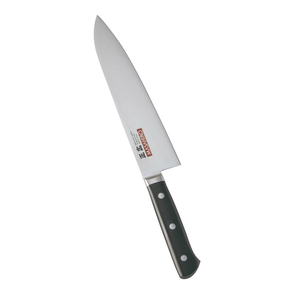 【正広　MV-H鋼　シェフナイフ　両刃　21cm　14911　プラ柄】 ●サイズ：刃渡り210mm/全長335mm　背厚2.0mm ●重量：150g ●材質（刃）：特殊ステンレス刃物鋼 ●材質（ハンドル）：アセタール・コポリマー樹脂（抗菌剤...
