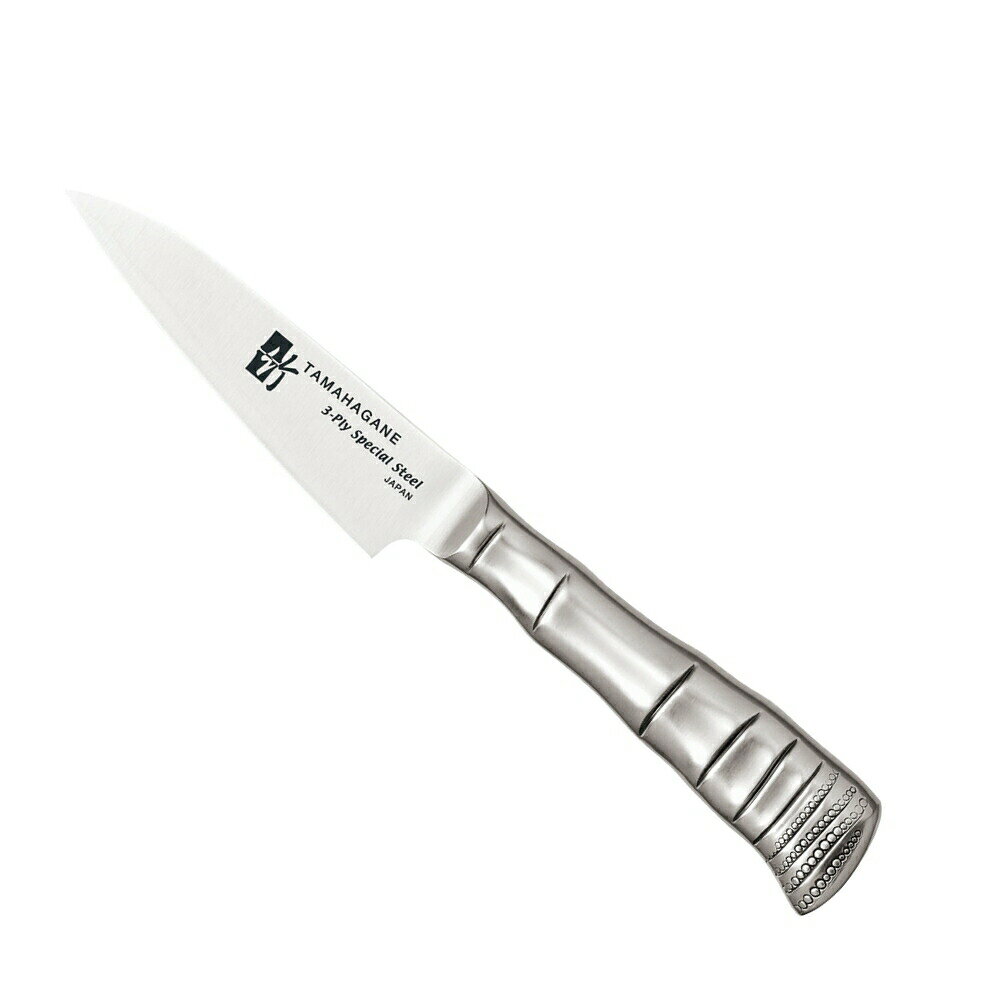 【タマハガネ　竹　ペアリングナイフ　両刃　9cm　TK-1109】 ●サイズ：刃渡り90mm/全長210mm　背厚2.0mm ●重量：95g ●材質（刃）：モリブデン・バナジウム鋼割込 ●材質（ハンドル）：18-8ステンレス鋼 ●原産国：日...