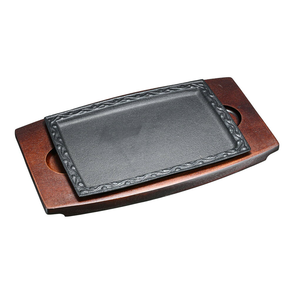 【アサヒ　ステーキ皿　A113　角唐草　大】 ●サイズ（鉄板）：外寸/255mmx175mm　内寸/225mmx150mmxH10mm ●サイズ（木台）：348mmx200mm ●材質：:本体/鉄鋳物　木台/天然木 ●重量：1,350g ●...