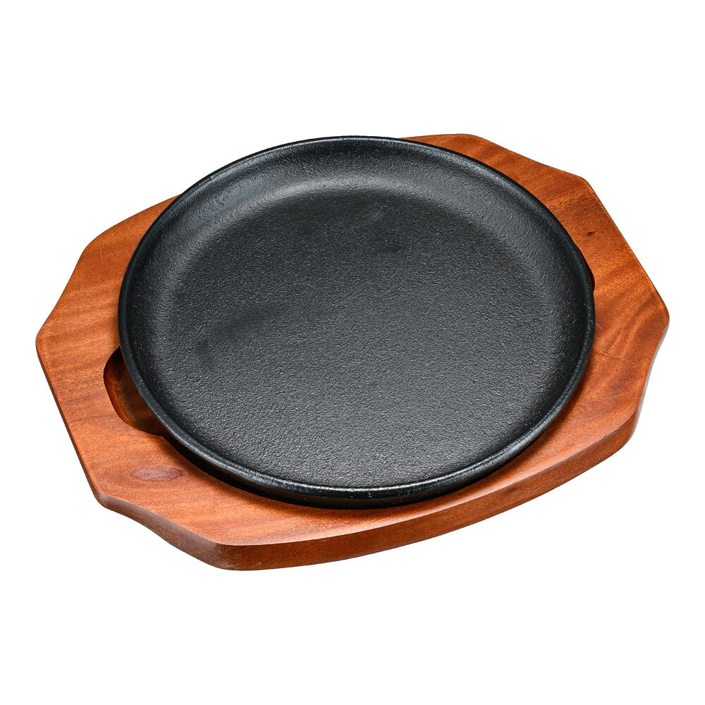 【S　ステーキ皿　丸型　B　19cm】 ●サイズ（鉄板）：外寸/φ190mm　内寸/φ182mmxH17mm ●鉄板厚：3.5mm ●サイズ（木台）：250mmx200mm ●材質：:本体/鉄鋳物　木台/天然木 ●重量：750g ●電磁調理...