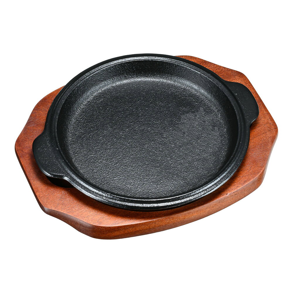 【S　ステーキ皿　渕付丸型　B　15cm】 ●サイズ（鉄板）：外寸/φ160mm　内寸/φ138mmxH15mm ●鉄板厚：3.5mm ●サイズ（木台）：200mmx160mm ●材質：:本体/鉄鋳物　木台/天然木 ●重量：700g ●電磁...