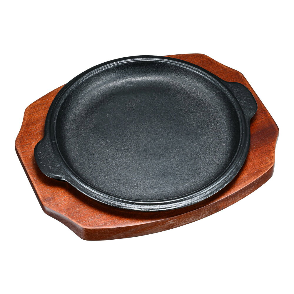 【S　ステーキ皿　渕付丸型　B　17cm】 ●サイズ（鉄板）：外寸/φ180mm　内寸/φ159mmxH15mm ●鉄板厚：4.0mm ●サイズ（木台）：224mmx180mm ●材質：:本体/鉄鋳物　木台/天然木 ●重量：850g ●電磁...