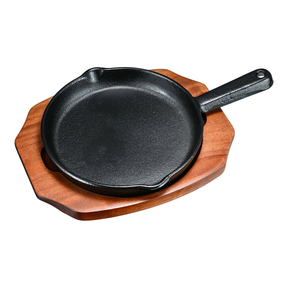 【S　ステーキ皿　手付丸型　B　19cm】 ●サイズ（鉄板）：外寸/φ190mm　内寸/φ181mmxH25mm ●鉄板厚：3.5mm ●サイズ（木台）：250mmx200mm ●材質：:本体/鉄鋳物　木台/天然木 ●重量：1,100g ●...