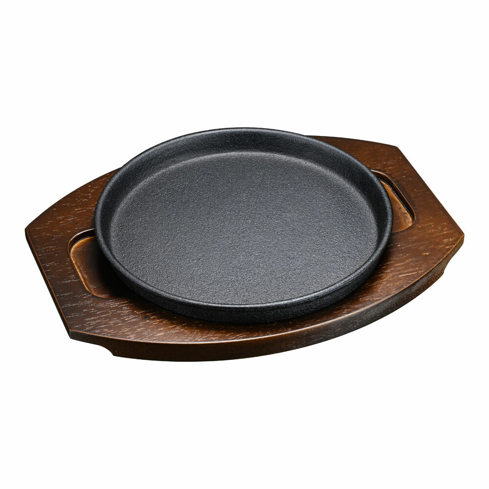 【IK　焼きそば鉄板　小　18cm】 ●サイズ（鉄板）：外寸/φ190mm　内寸/φ180mmxH13mm ●サイズ（木台）：265mmx208mm ●材質：:本体/鉄鋳物　木台/天然木 ●重量：800g ●電磁調理器IH100V・200V...