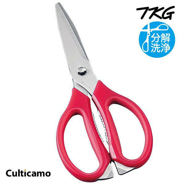 【TKG キッチンバサミ（ステンレス）レッド】 ●サイズ：全長200mm ●材質（刃）：ステンレス刃物鋼 ●材質（ハンドル）：ポリプロピレン（耐熱100℃）/エラストマー（耐熱120℃） ●肉・野菜にはもちろん、カニや骨、紙やペットボトルの...