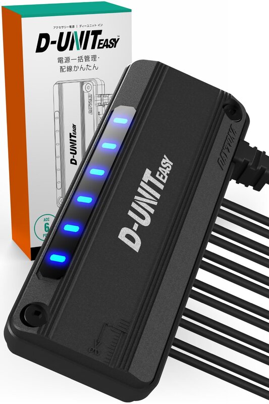 USBなどアクセサリー電源を一括管理。最大6つのアクセサリーを装着可能。5A出力2ポート/2A出力4ポート 配線被覆を剥いてワンタッチ接続。圧着工具不要の簡単取り付け ギボシ付き配線も付属するため、キボシ端子で接続も可能 メインキー連動で電...