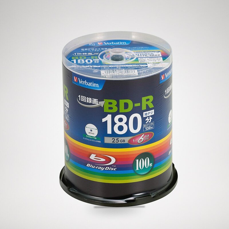 品種:録画用 BD-R(25GB) 1回録画用 録画時間:地デジ 180分 / BSデジタル130分 盤面印刷:○(ホワイト) / 範囲:22mm-118mm(ワイド) 倍速:1-6倍速,ケース:スピンドルケース,入り数:100枚 容量:25GB