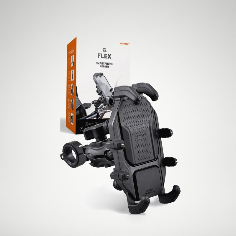 大型アームでしっかりホールドできるバイク用スマートフォンホルダー 上部アームが80mm伸びるので大型のスマホにも対応 スマホを支える本体背部に4つのダンパーを装備。ハンドルから伝わる振動を吸収しカメラを保護 バネの力で元に戻る上部アームを引...
