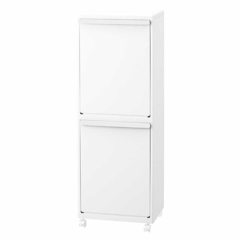 最大外寸(約):幅35×奥行27×高さ100cm、商品重量(約):4.4kg 容量(約):50L(25L×2段) 全体耐荷重(約):8kg(天板1kg・中容器3kg・フック0.5kg) カラー:ホワイト、本体:ポリプロピレン、キャスター:ナ...