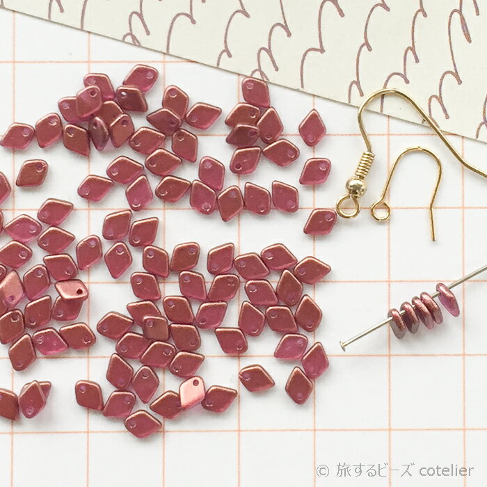 竜のうろこという名前の小さなひし形のプレスビーズ。チェコ製のガラスビーズです。※サイドに凹凸があるものも含まれます。画像にてご確認ください。 【サイズ】 1.5 x 5ミリ (画像のマス目は1センチ四方です) 【個数】 3g 約75～80個...