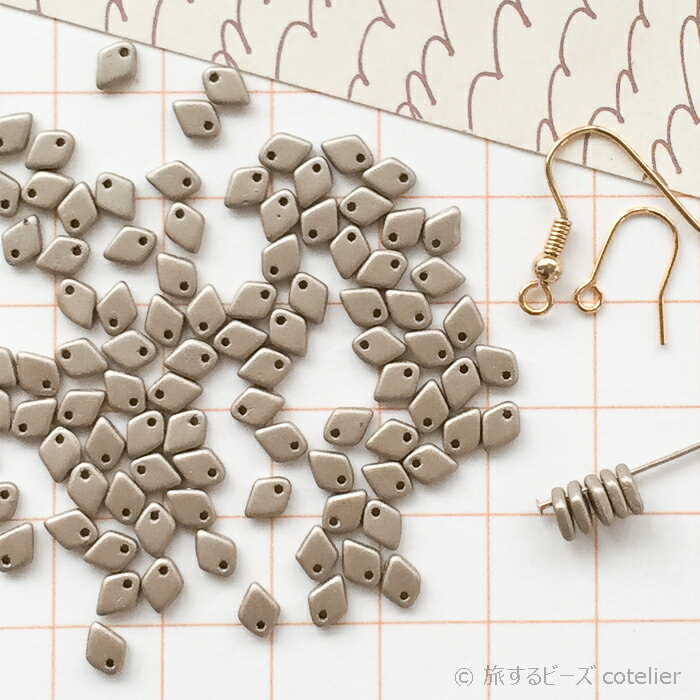 竜のうろこという名前の小さなひし形のプレスビーズ。チェコ製のガラスビーズです。※サイドに凹凸があるものも含まれます。画像にてご確認ください。 【サイズ】 1.5 x 5ミリ (画像のマス目は1センチ四方です) 【個数】 3g 約75～80個...