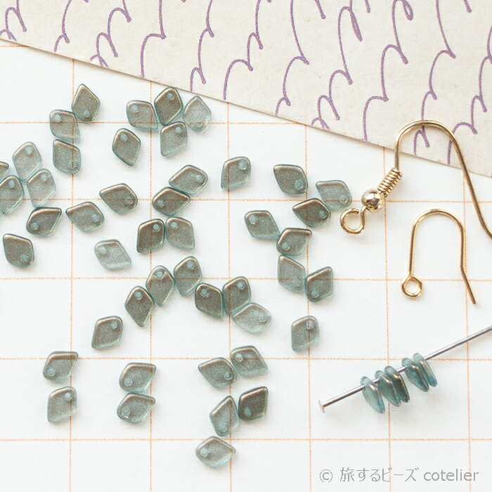 竜のうろこという名前の小さなひし形のプレスビーズ。チェコ製のガラスビーズです。 【サイズ】 1.5 x 5ミリ (画像のマス目は1センチ四方です) 【個数】 3g 約75～80個 【色味】クリアにメタリック感のあるスカイブルー系ゴールデント...