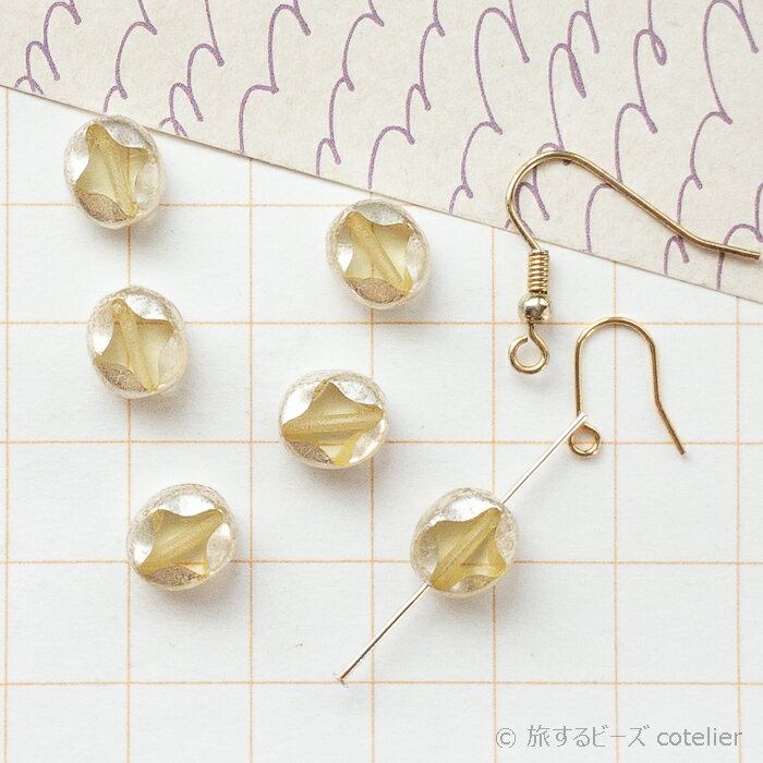 一見するといびつなオーバルですが、中にダイヤ型が見えるテーブルカットビーズ。チェコ製のガラスビーズです。 【サイズ】 9 x 8ミリ (画像のマス目は1センチ四方です) 【個数】 6個 【色味】透明感のあるレモンイエロー。縁はまだら感のある...