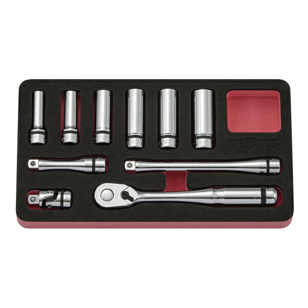 ●9.5sq.ラチェットハンドル(NBR390A）採用。 ●トレイはメタルケース(NEKB-1)に入る大きさに設定しています。 ●ソケットの口径部は応力の集中を防ぐことでボルト・ナットのエッジを傷めにくくし、より確実な締め付け・緩め作業が行...