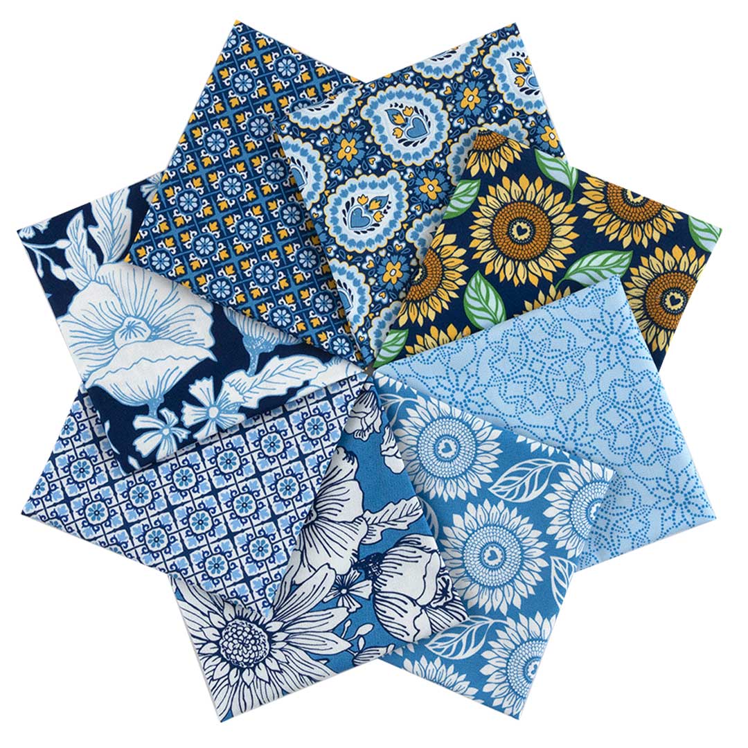 ［USA］　タイプの異なるヒマワリをモチーフにした、ブルートーンの爽やかなコレクションです。鮮やかな黄色がアクセント。パッチワークの他、カルトナージュなどにも。 1枚のサイズ：40×35cm 素材：綿100％ （商品カテゴリ）手芸 キット ...