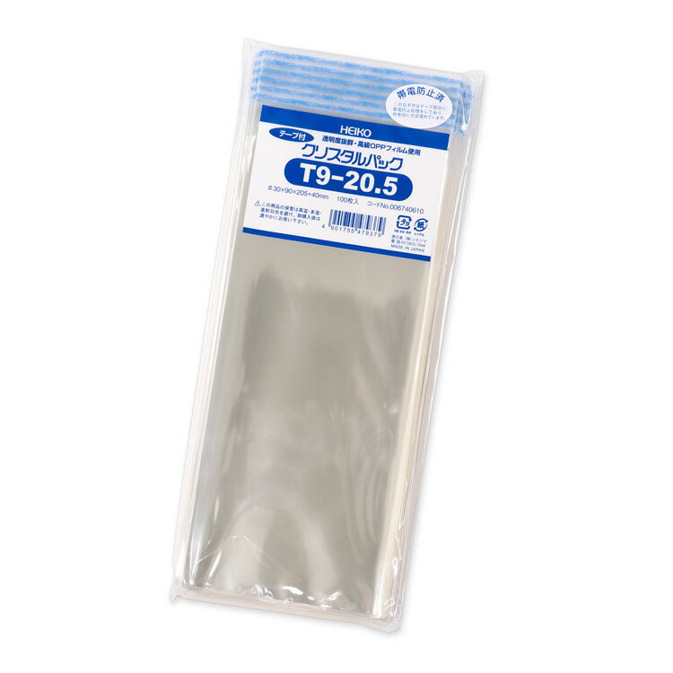 商品仕様 サイズ 幅：約90mm 高さ：約205mm テープ部分：約40mm 素材 OPP(二軸延伸ポリプロピレン) 生産国 JAPAN 商品説明 ワンタッチで封ができる、上部にテープが付いたタイプのクリスタルパック(OPP袋)です。　