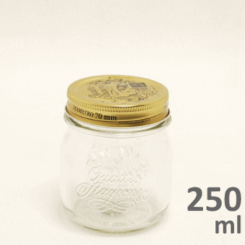 イタリアのボルミオリロッコ社製の保存容器です。 食材を詰め、軽くフタを閉めてから温めると真空状態で保存できます。 ＜商品仕様＞ ■サイズ：直径80×高さ95mm ■容　量：250ml(首最下部までで) ■材　質：本体/ソーダガラス、フタ/ス...