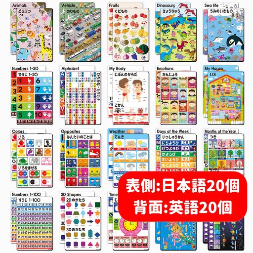 ✔️20枚の教育ポスターパックには両面に印刷されており、計40種類の絵が見られます。 (表面:日本語20種類、裏面英語:20種類) ✔️ひらがな、アルファベット、数字、動物、果物、車、恐竜、時計、お天気、対義語、地図、太陽系など様々なテーマ...