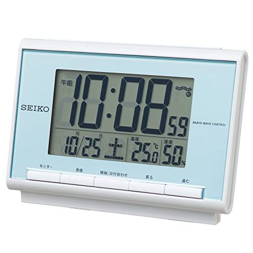 メーカー型番:SQ698L 本体サイズ:8.5x12.0x4.8cm 本体重量:0.23kg 素材・材質:プラスチック枠(薄青パール) 生産国:中国 ムーブメント:電波修正機能(40kHz/60kHz自動選局)/電波OFF機能つき 2099...