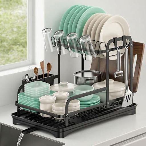 🏠【コンパクトな2段設計で、限られたキッチンもすっきり広々】従来の平型と異なる縦型2段構造を採用した水切りラック2段です。サイズは幅45cmx奥行30cmx高さ33cmとスリムながら、上段にはお皿や丼、まな板を立て掛け、下段...