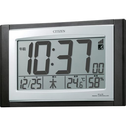 サイズ:15.7x24x4cm 使用電源:単3形x2本(別売) ムーブメント:電波時計 標準時刻電波を受信すると自動で時刻を修正します。 温度表示:(-9.9~50°C) 計測範囲以外はLL,HH,--と表示されます。 湿度表示:(20~9...