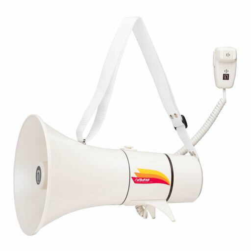 ホイッスル音付 出力:定格13W/最大:20W 使用電池:単2乾電池x6本 通通達距離(JEITA):音声時約400m/ホイッスル時約500m 寸法:口径210mmx全長320mm 質量:約1.1kg(乾電池別) 電池持続時間(JEITA)...