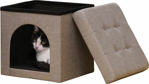 ペットと飼い主が仲良く使えるペットハウススツール サイズ:幅30x奥行30x高さ30cm 本体重量:1.5kg 耐荷重(スツール):70kg 素材・材質:MDF、ポリエステル、不織布、ウレタンフォーム 原産国:中国