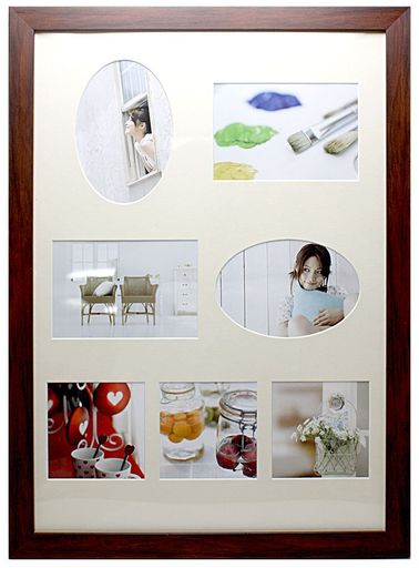 外寸:328x451mm 内寸:297x420mm 窓寸:287x410mm 重量:700g A4サイズマット:200x287mm 多窓(7窓)マット付 壁掛け専用 本体:樹脂 画材:PET 壁掛用金具:吊り紐付