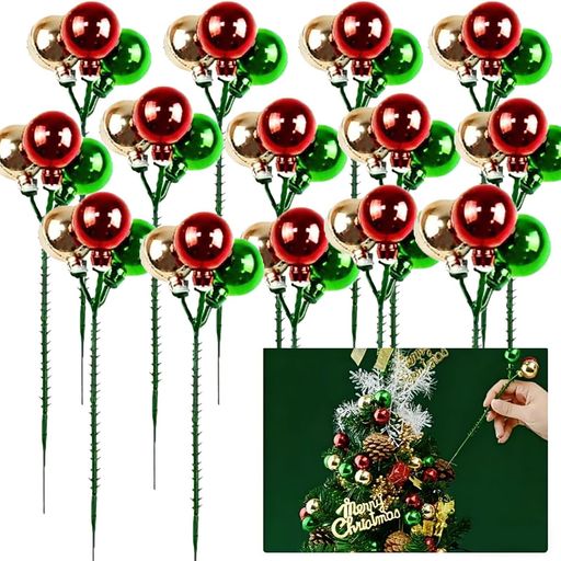 【クリスマスツリー装飾ピック】楽しくてお祭りの雰囲気を演出するクリスマスツリーオーナメントです。15個のクリスマスツリーオーナメントが届きます。各ピックには異なる色のボールが3つ付いています。各枝には複数のカラフルな球形装飾が付き、表面は滑...