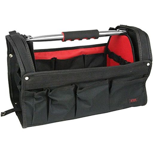 色:ブラック・レッド、材質:合成繊維 サイズ(約):幅410x奥行230x高さ240mm(折りたたみ時の高さ:140mm) ポケット数:前面大小4個・左側2個・右側大小5個・後側マジックテープ止め式1個・内側3個 ホルダー数:内側14個・上...