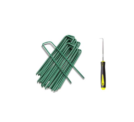 1.15cmの長いU字ピンと16.5cmの直角フック付き。防草シートや人工芝をしっかり固定できる固定ピンセットです。高品質の鋼製で耐久性抜群。 2.緑色のUピン杭は庭の景観に溶け込み、美観を損ないません。防草シートピンとしても最適。除草シー...