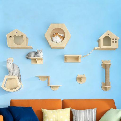 クライミング 🐾【豪華猫家具セット】本パッケージには以下が含まれます:猫ハウスx2、宇宙船型猫ハウスx1、ツインポストキャットスクラッチャーx1、小型ジャンプ台x1、大型ジャンプ台x1、ソフトラダーx1、台形猫専用ベッドx1...