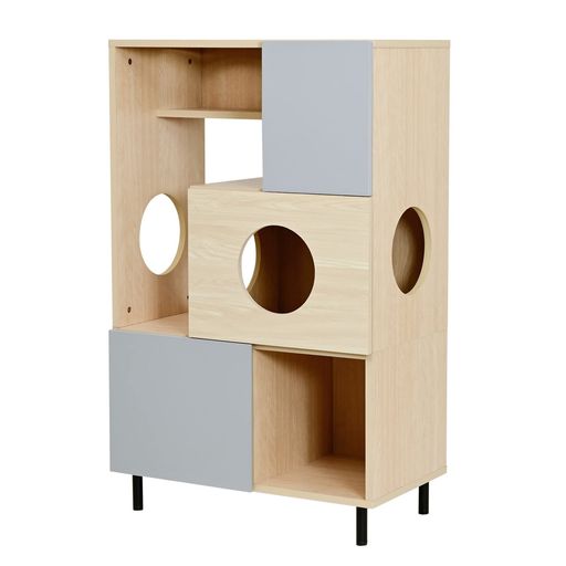 クライミング 大切な猫と楽しく過ごせる猫家具シリーズ”Pisica”。リビングで猫がゆったりとくつろいでいる様子が楽しめるリビング収納です。覗き穴から愛猫の寝姿が見られ、キャビネット中央にはキャットウォームもあるので、猫にとっては飽きない家...