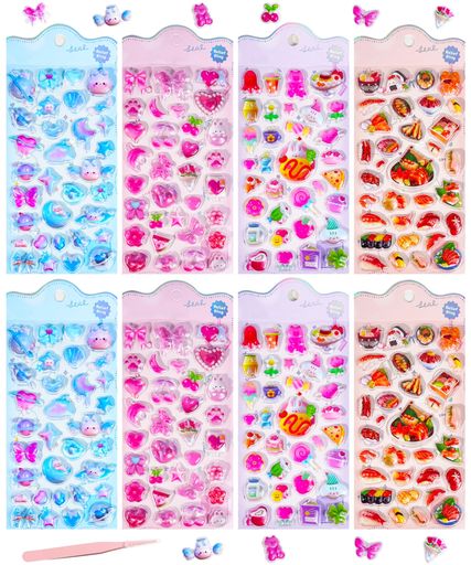 ✅【ふっくら立体ステッカー全8枚セット】人気デザイン(カピバラ&amp;ファンタジー)4種を各2枚(合計8枚、約240ピース)の大容量セット。星(塗り潰し)便利なピンセット1個付き。ふっくらとした立体感で、キャラクターがぷっくり浮き上がり、...