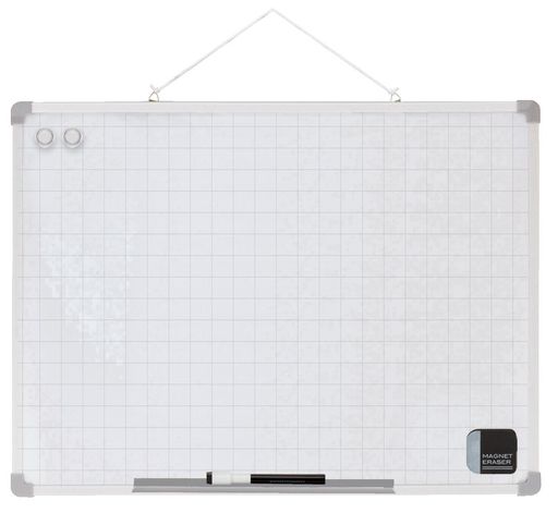 25x25mmの方眼つきで書きやすい 裏面に貼り付け用のマグネット4個つきだから、磁石面にも貼り付けられる タテヨコ使える 裏面マグネット以外にトレーやマグネットイレーサー、黒マーカー、ひも、フック金具付き W450xH600mm