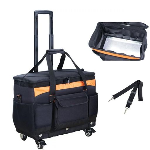 【商品仕様】手すり付きツールボックスのサイズ:幅46x奥行24x高さ33cm。重量約2.3kg。上部に丈夫なキャリーバー(手すり)が付いており、持ち運びが簡単。多機能ポケット付きで、工具や小物をすっきり収納できます。 【大容量収納】本体内部...