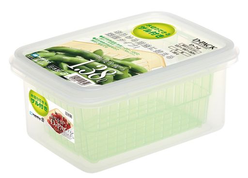 サイズ:間口x奥行x高さ(mm):137x190x90 容量:1.38L カラー:グリーン 材質:本体、ザル/ポリプロピレンフタ/ポリエチレン 耐熱温度:本体、ザル/-20度~120度フタ/-30度~70度